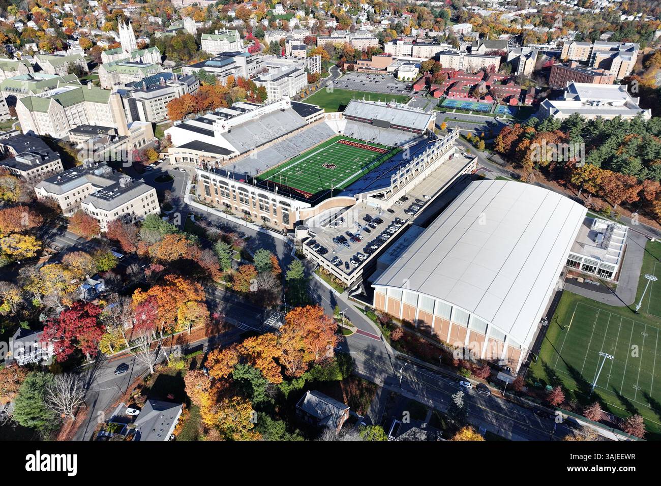 A general overall aerial view of Alumni Stadium and Fish Field House on ...