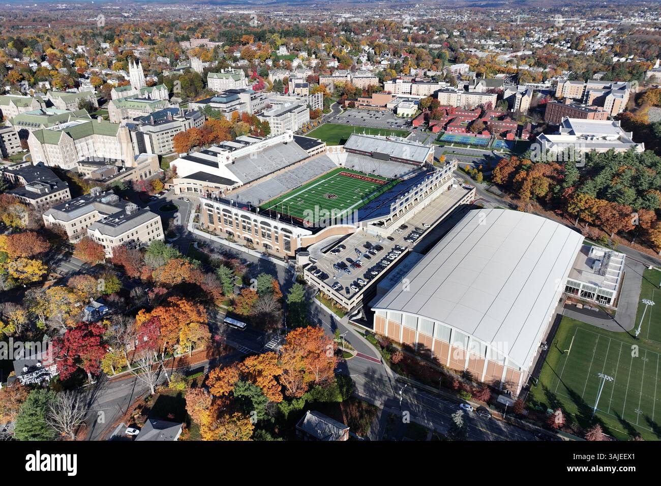 A general overall aerial view of Alumni Stadium and Fish Field House on ...