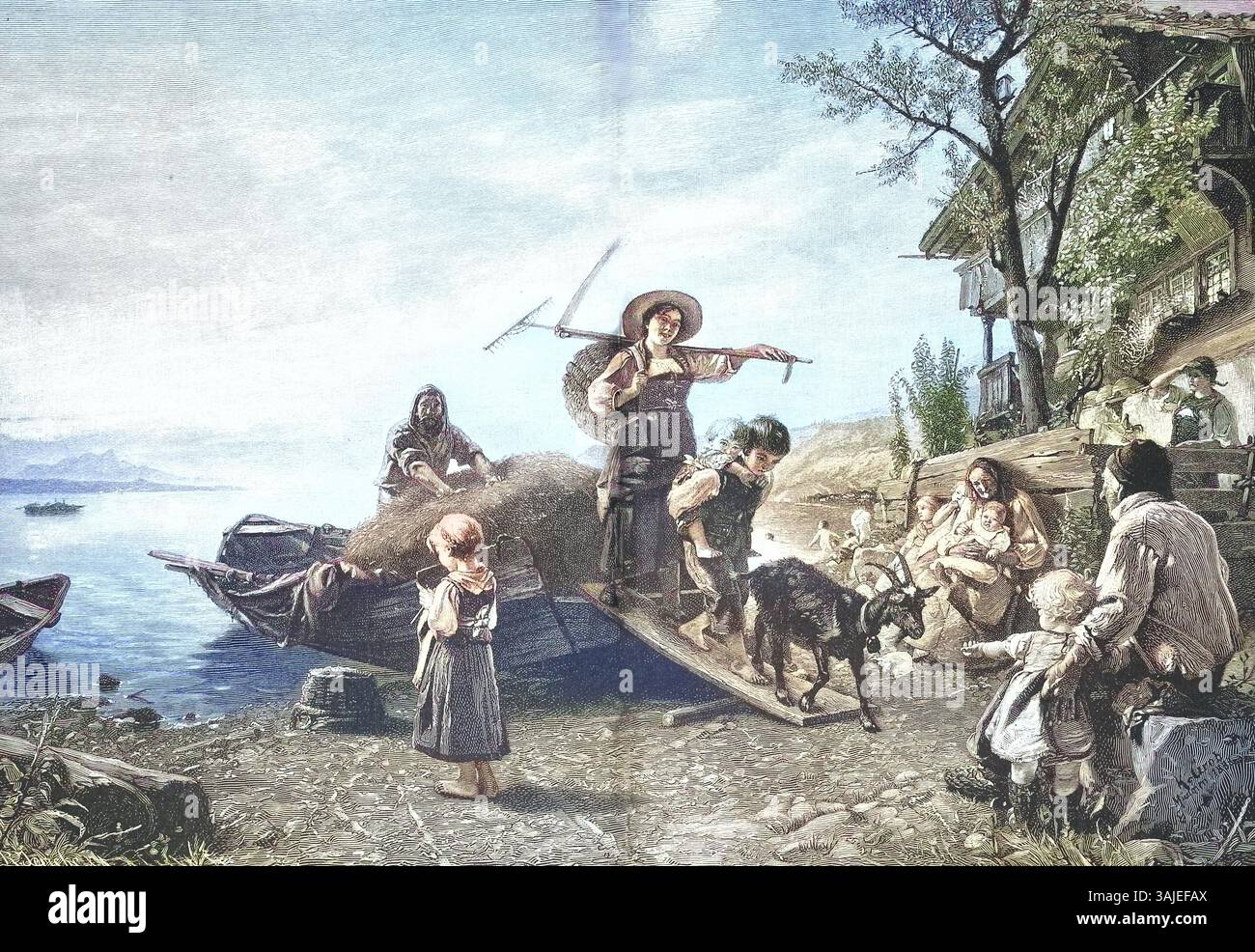 Returning from the hay harvest by boat, rural scene with farmers and ...