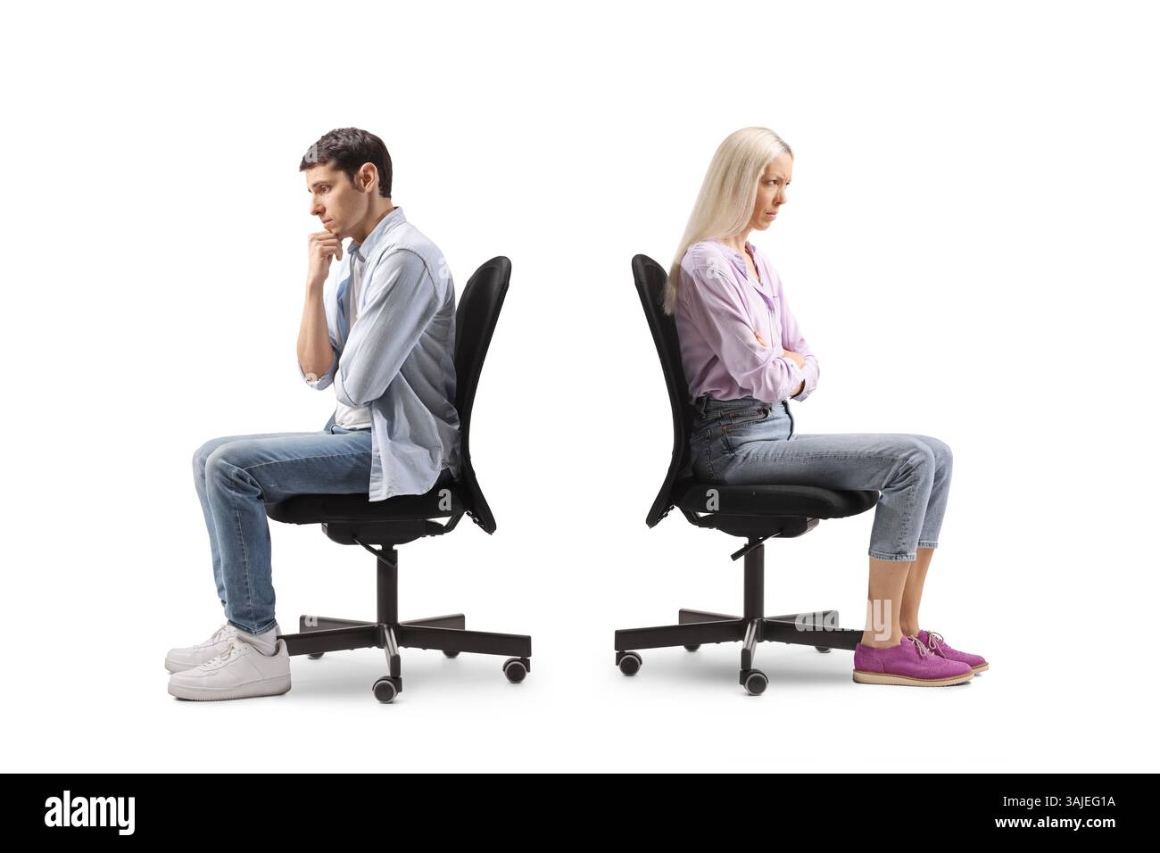 Angry man and woman sitting back to back isolated on white background ...