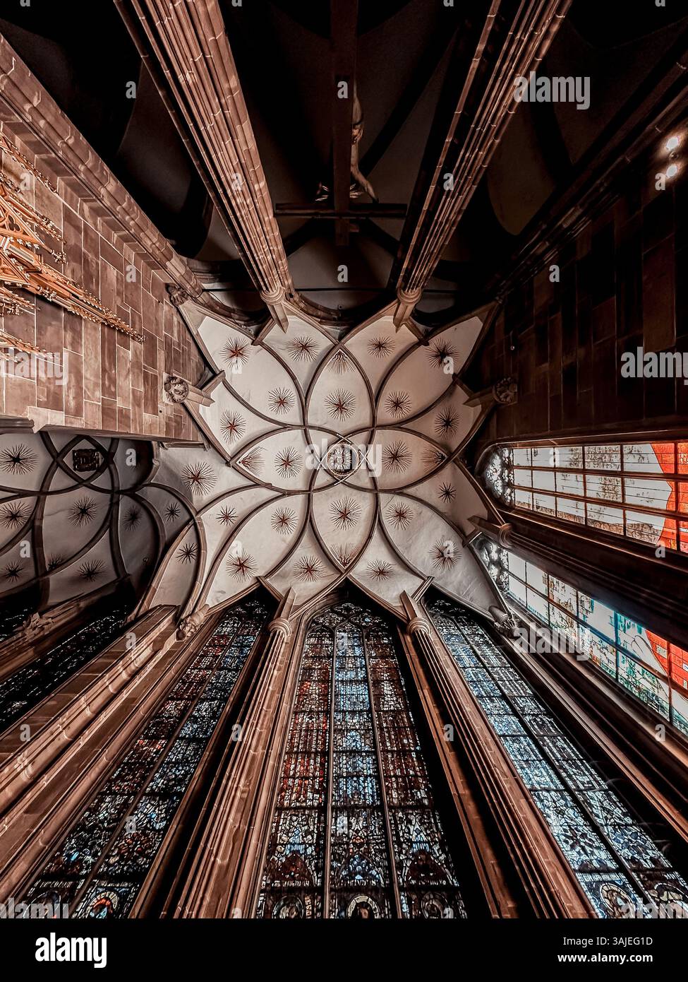 The image is of a cathedral with a large, ornate ceiling. The ceiling ...