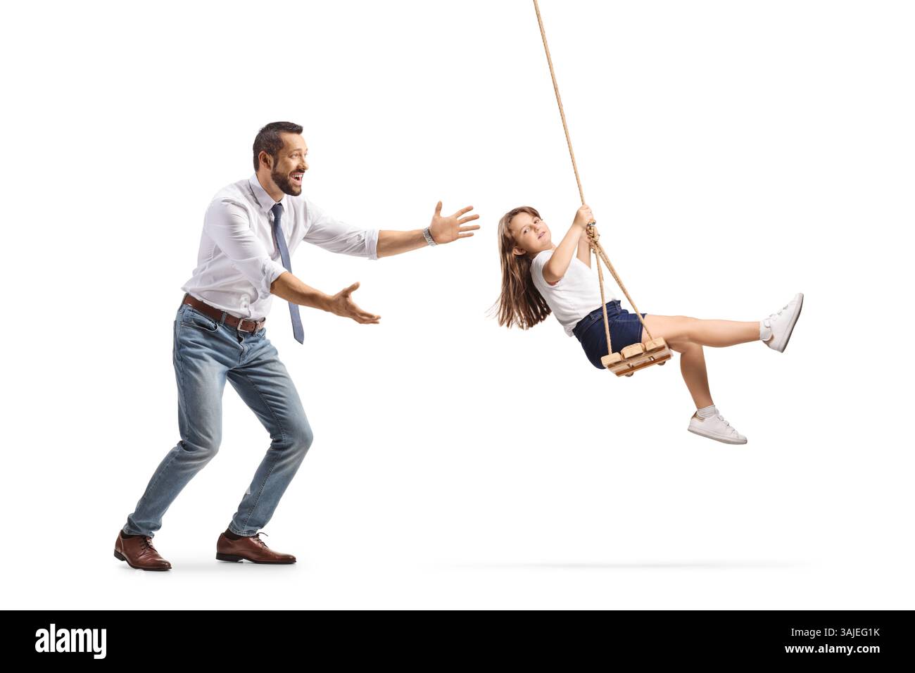 Man pushing happy girl on a swing isolated on white background Stock Photo - Alamy