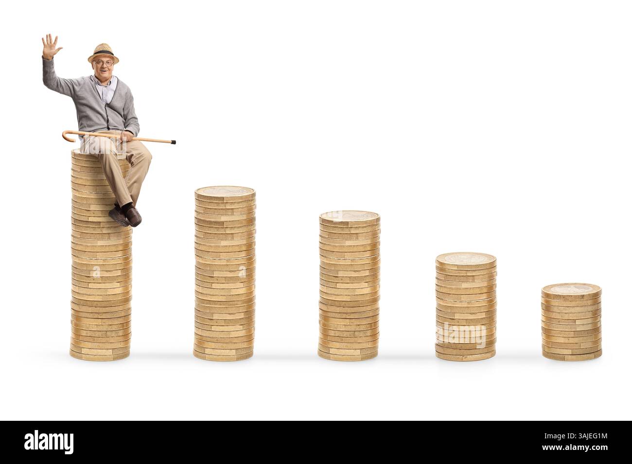 Elderly man sitting on a rising piles of coins and holding a walking ...