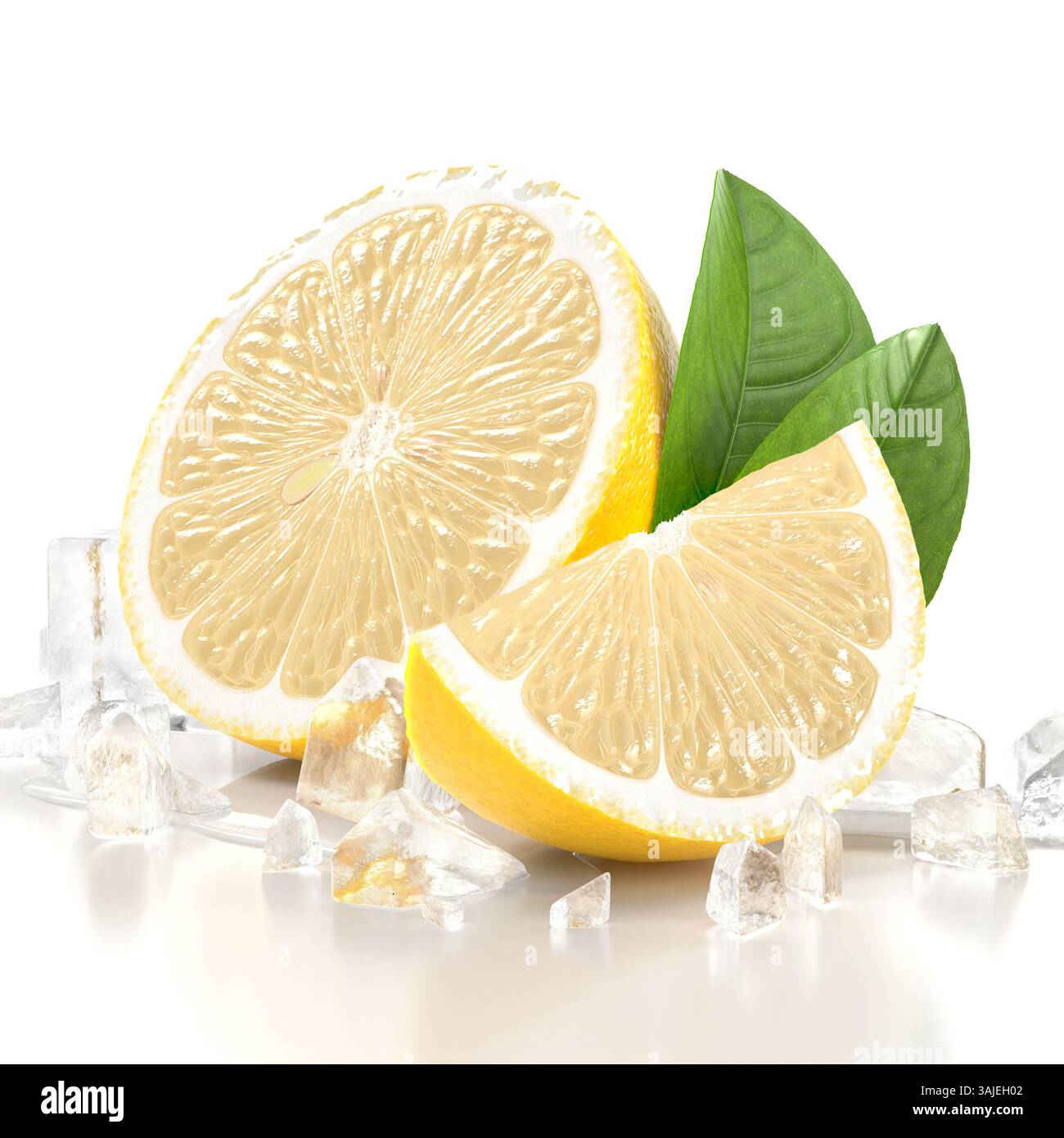 Fresh Crisp Vibrant Lemon Slice Piece Quarter Half with Green Leaves Ice Cubes Isolated on White ...