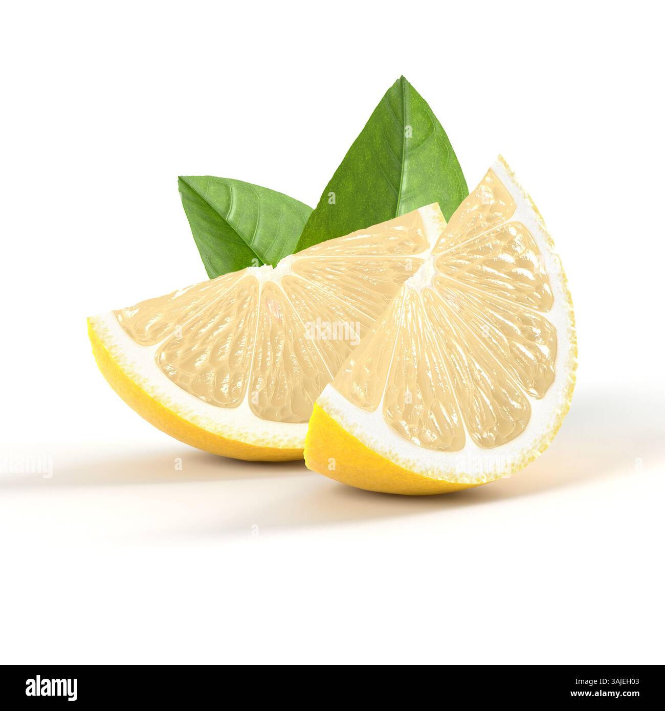 Fresh Crisp Vibrant Lemon Slice Piece Quarter with Green Leaves Isolated on White Background ...