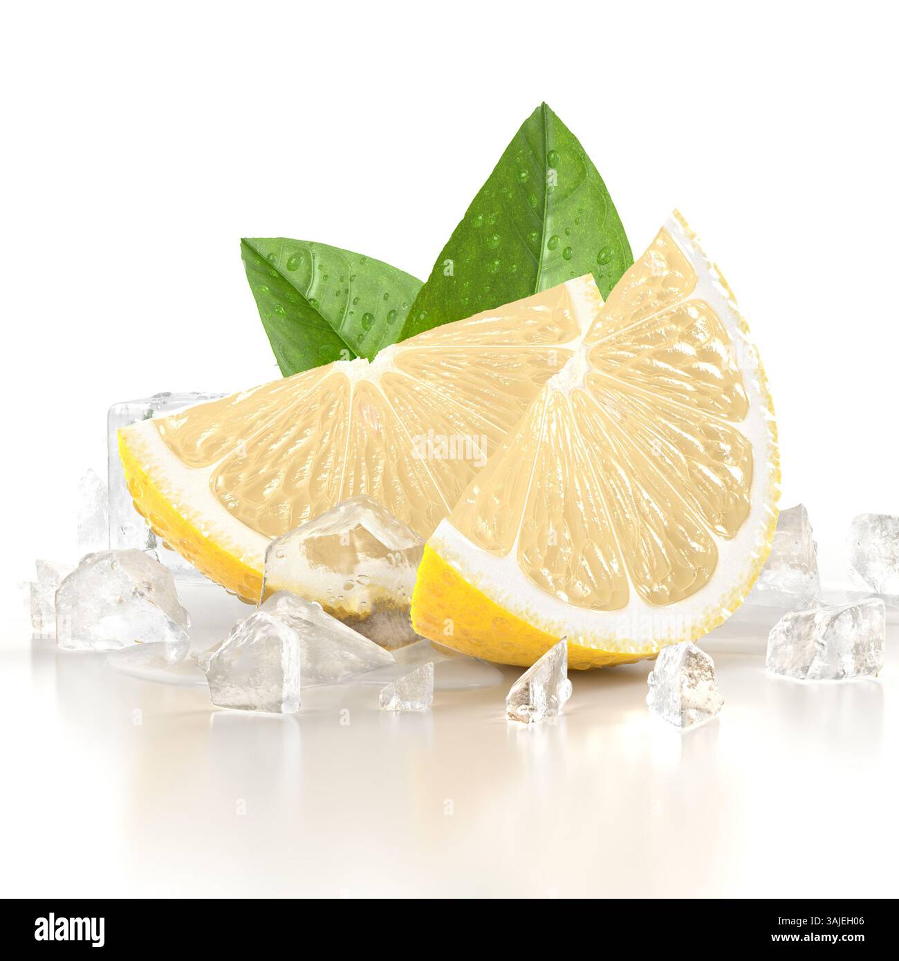 Fresh Crisp Vibrant Lemon Slice Piece Quarter with Green Leaves Ice Cubes and Water Drops ...