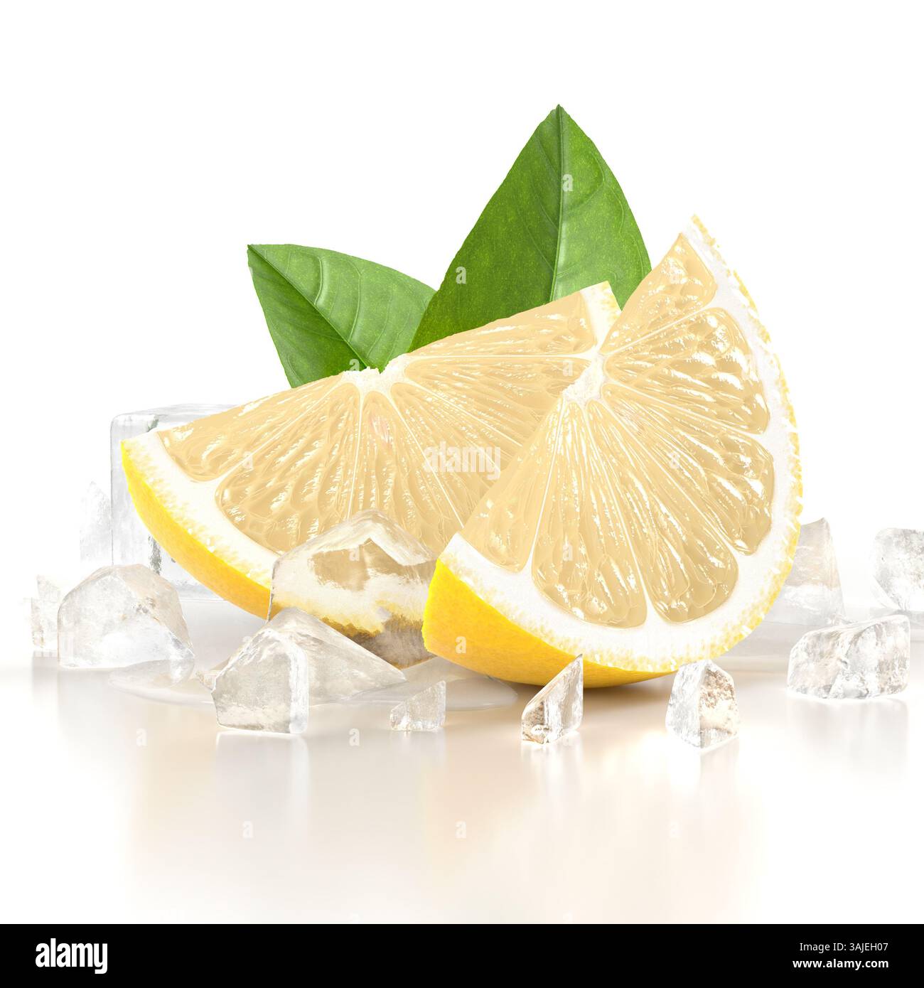 Fresh Crisp Vibrant Lemon Slice Piece Quarter with Green Leaves Ice Cubes Isolated on White ...
