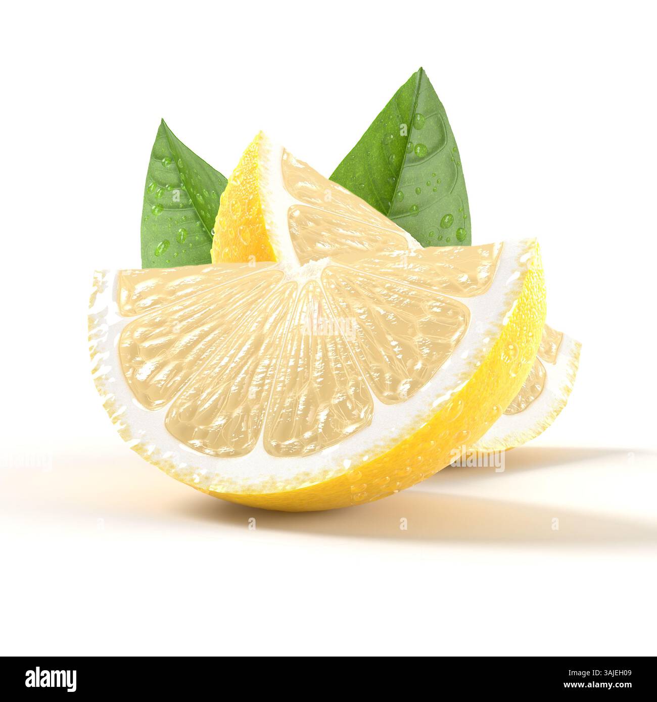 Fresh Crisp Vibrant Lemon Slice Piece Quarter with Green Leaves and Water Drops Isolated on ...