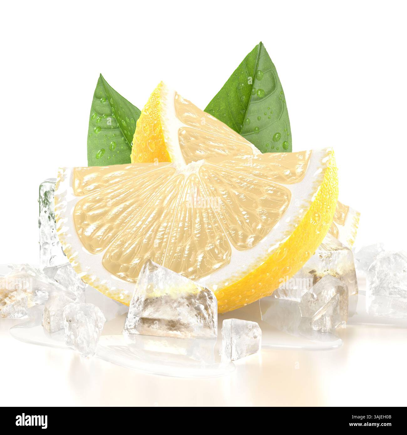 Fresh Crisp Vibrant Lemon Slice Piece Quarter with Green Leaves Ice ...