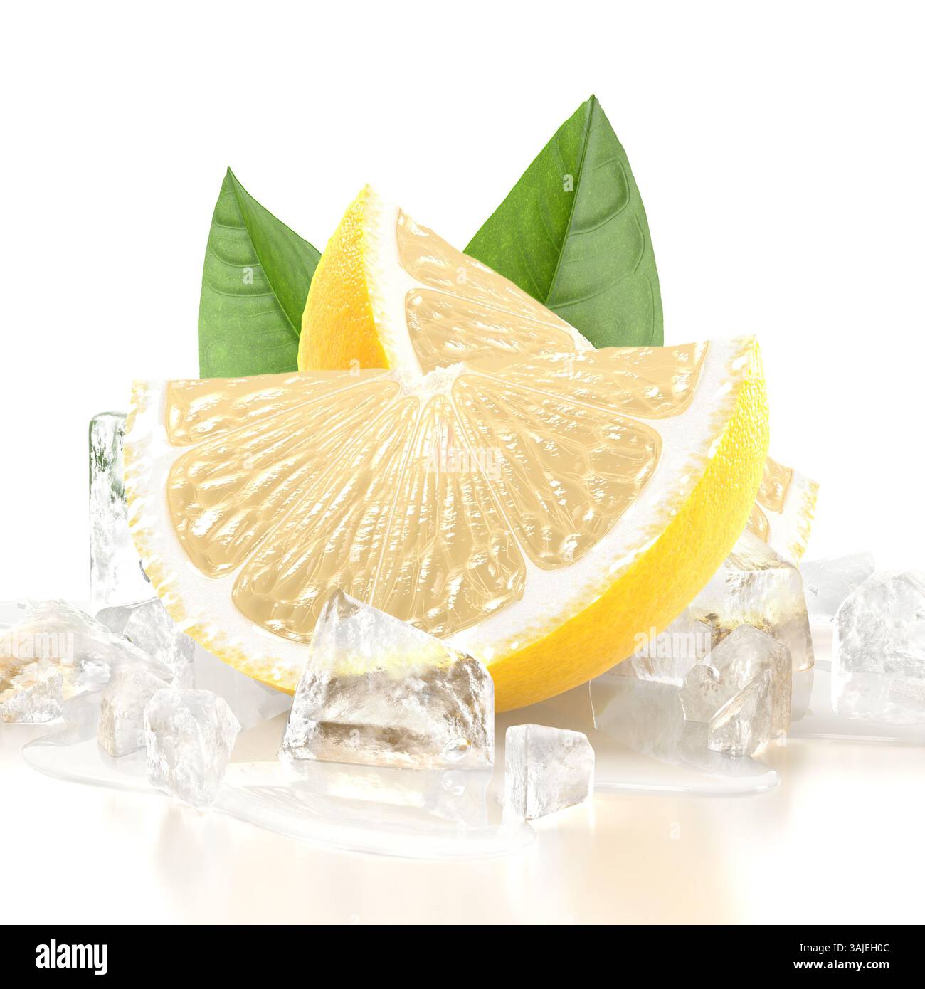 Fresh Crisp Vibrant Lemon Slice Piece Quarter with Green Leaves Ice Cubes Isolated on White ...