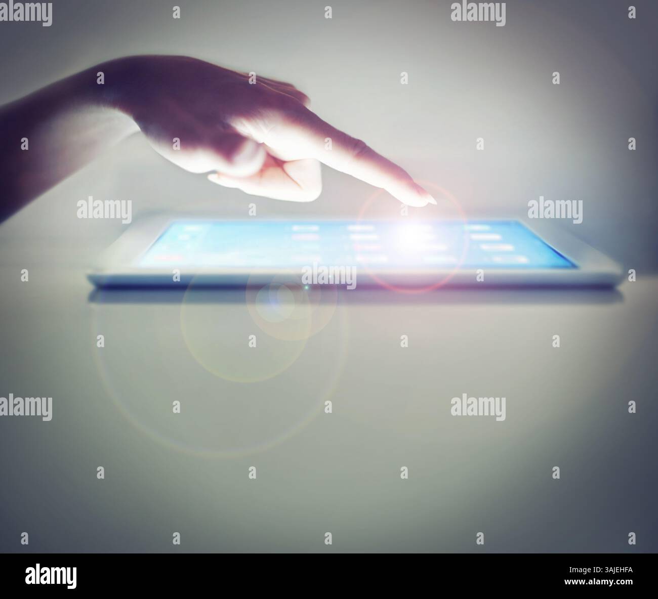 Hand, tablet and press on screen in closeup for application, ui and ...