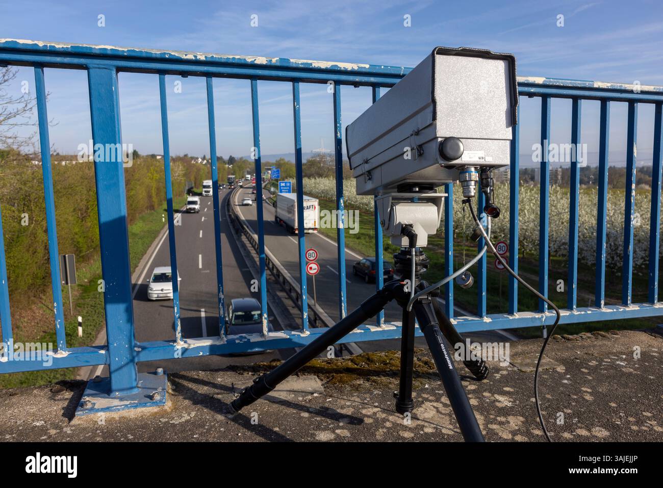 Mainz Finthen, Germany. 11th Apr, 2025. A mono-cam stands on a highway ...