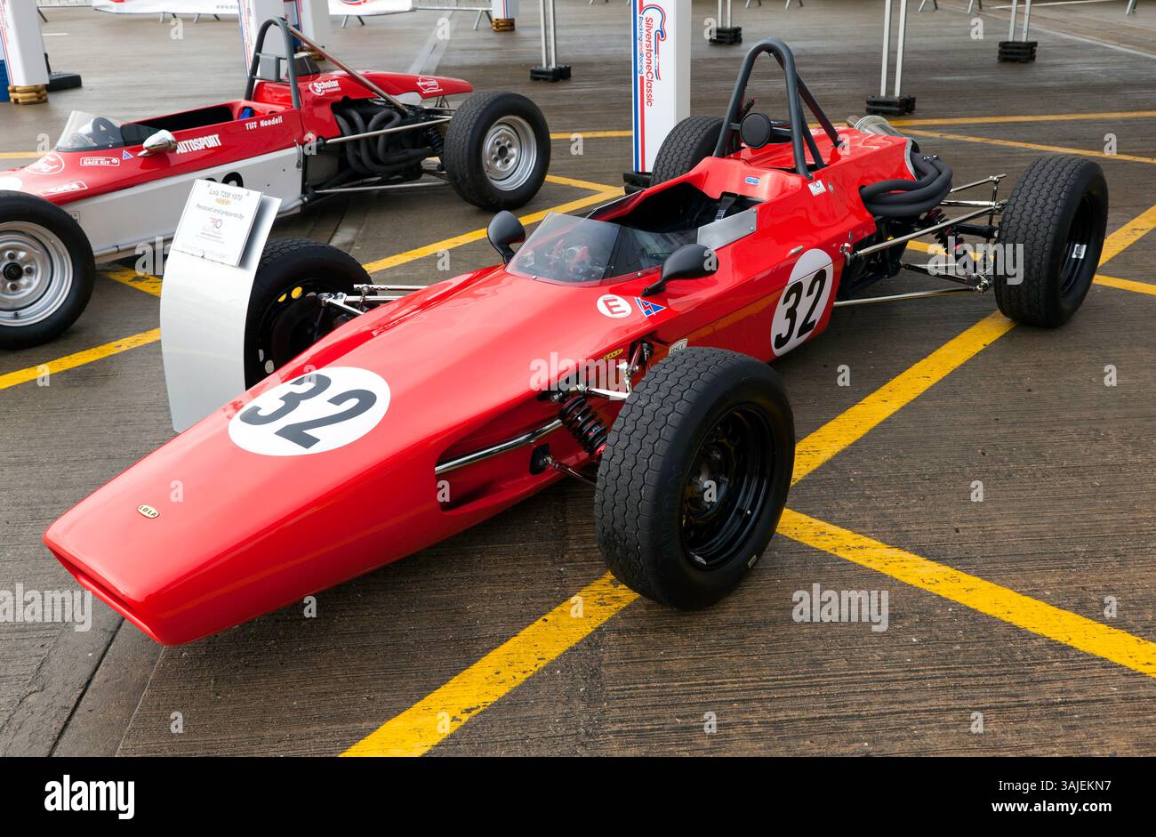 Three-quarter front view of a Red,1970, Lola T200, restored and ...