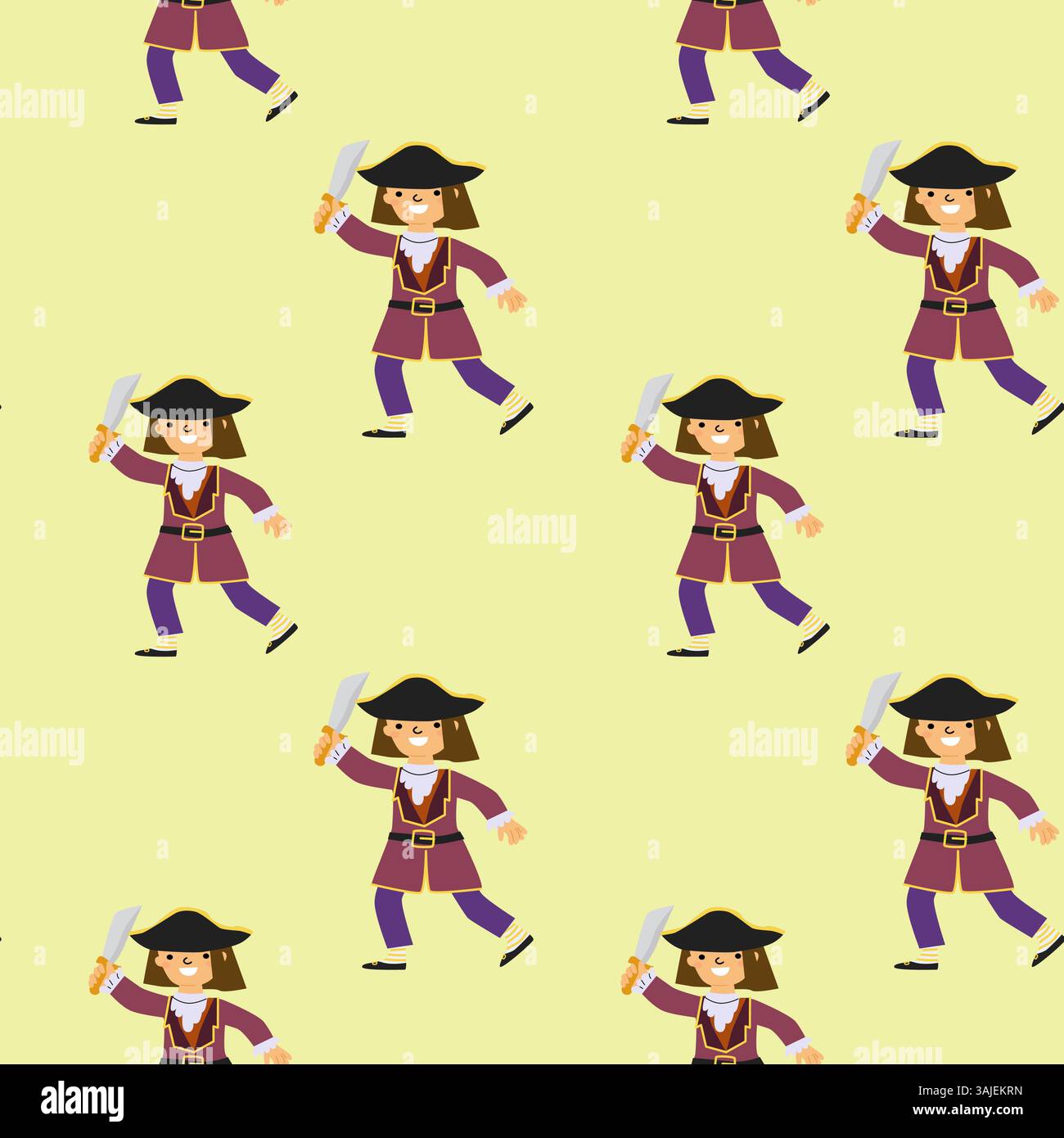 Cartoon pirate characters in purple outfits on yellow background Stock ...