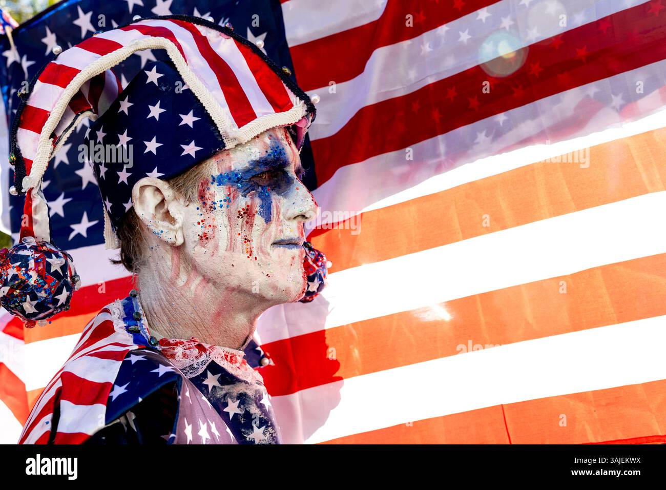 April 5, 2025, Los Angeles, Califronia, USA: A protester dressed in an ...