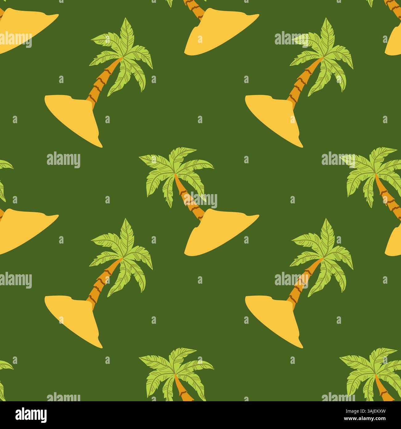 Tropical palm tree pattern on green background with yellow hats Stock ...
