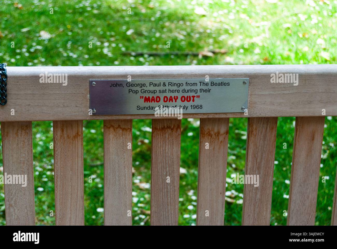 Bench where Beatles pop group members sit in 1968, in the garden of St ...