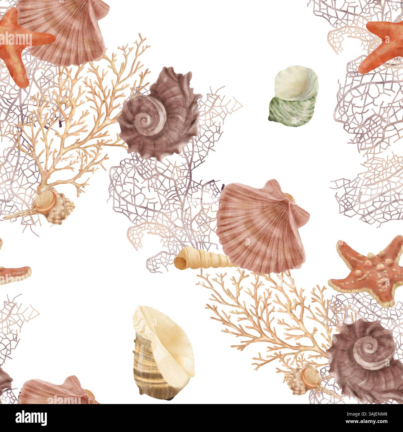 Corals, wavy algae and scallop. Seamless pattern. Watercolor ...