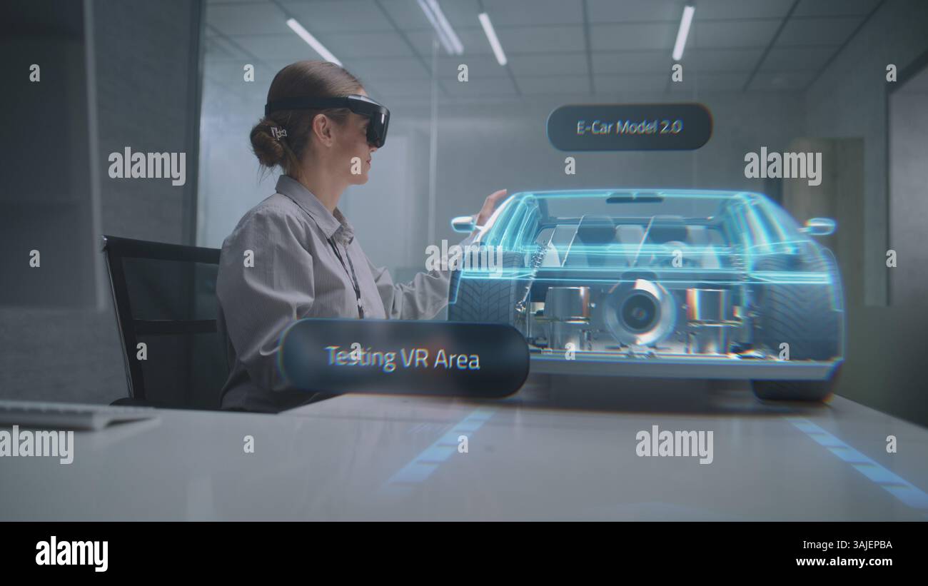 Female Automotive Engineer Wearing Headset Uses Augmented Reality ...