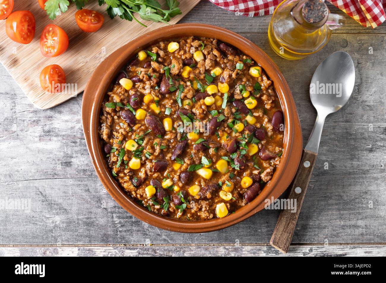 Traditional Mexican Chili con carne. Minced meat and vegetables stew in ...