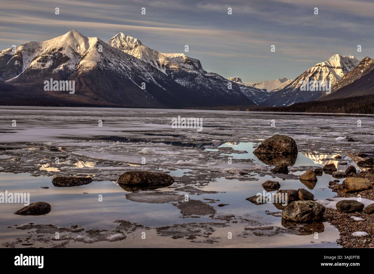 Winter thaw on Lake Mc Donald in Glacier National Park, Montana Stock ...