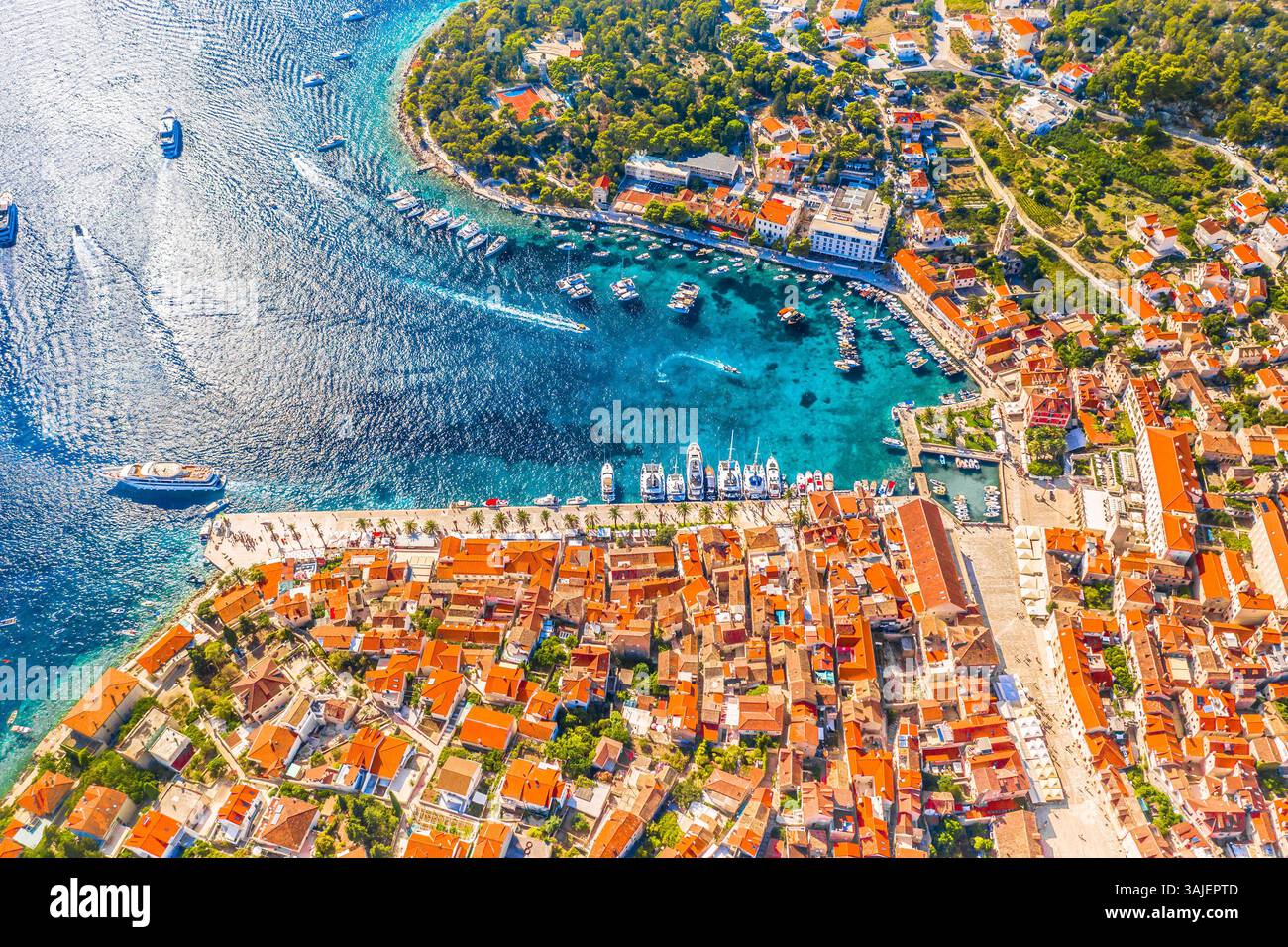 Top Down View of Hvar Harbor and Waterfront Promenade, Croatia Stock ...