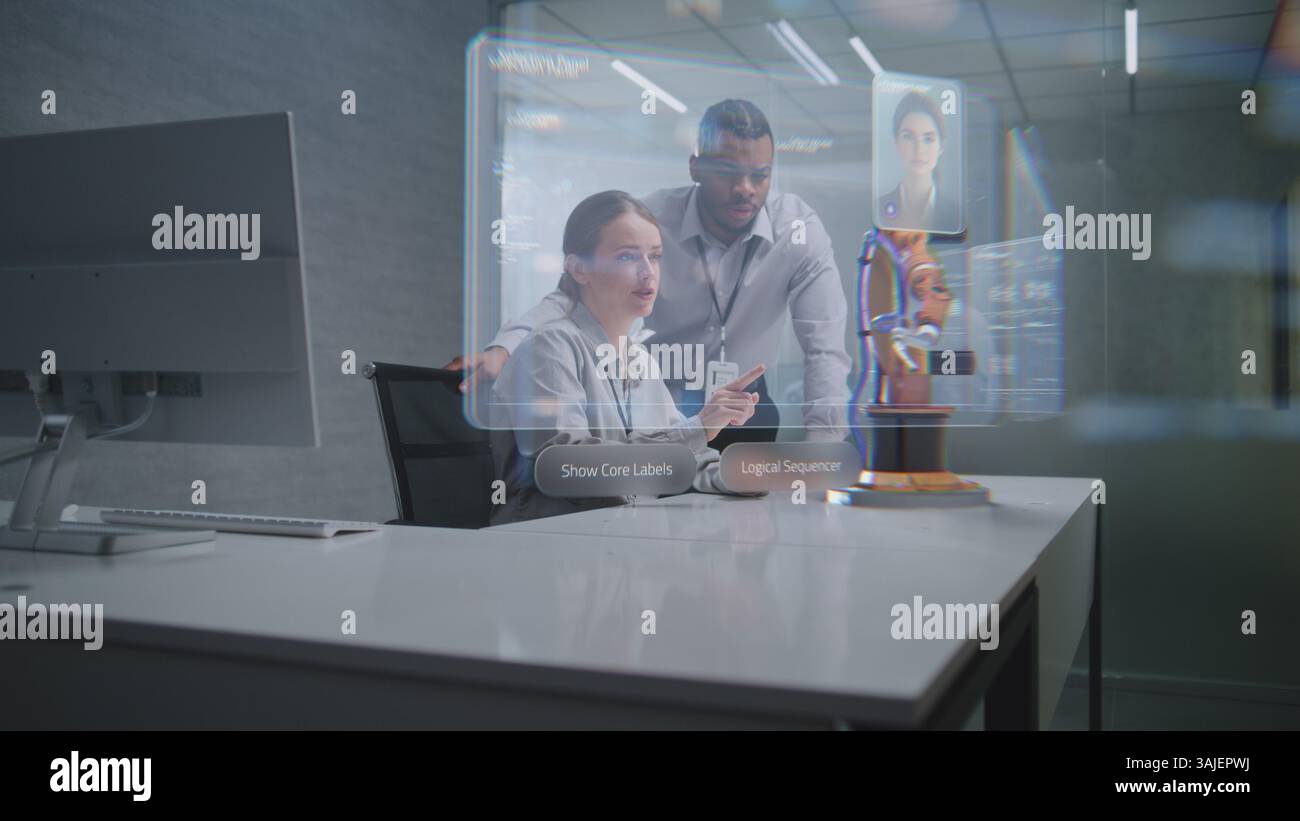 Futuristic Office: Two Diverse Engineers Working on Advanced Robotic Arm Using Augmented Reality ...