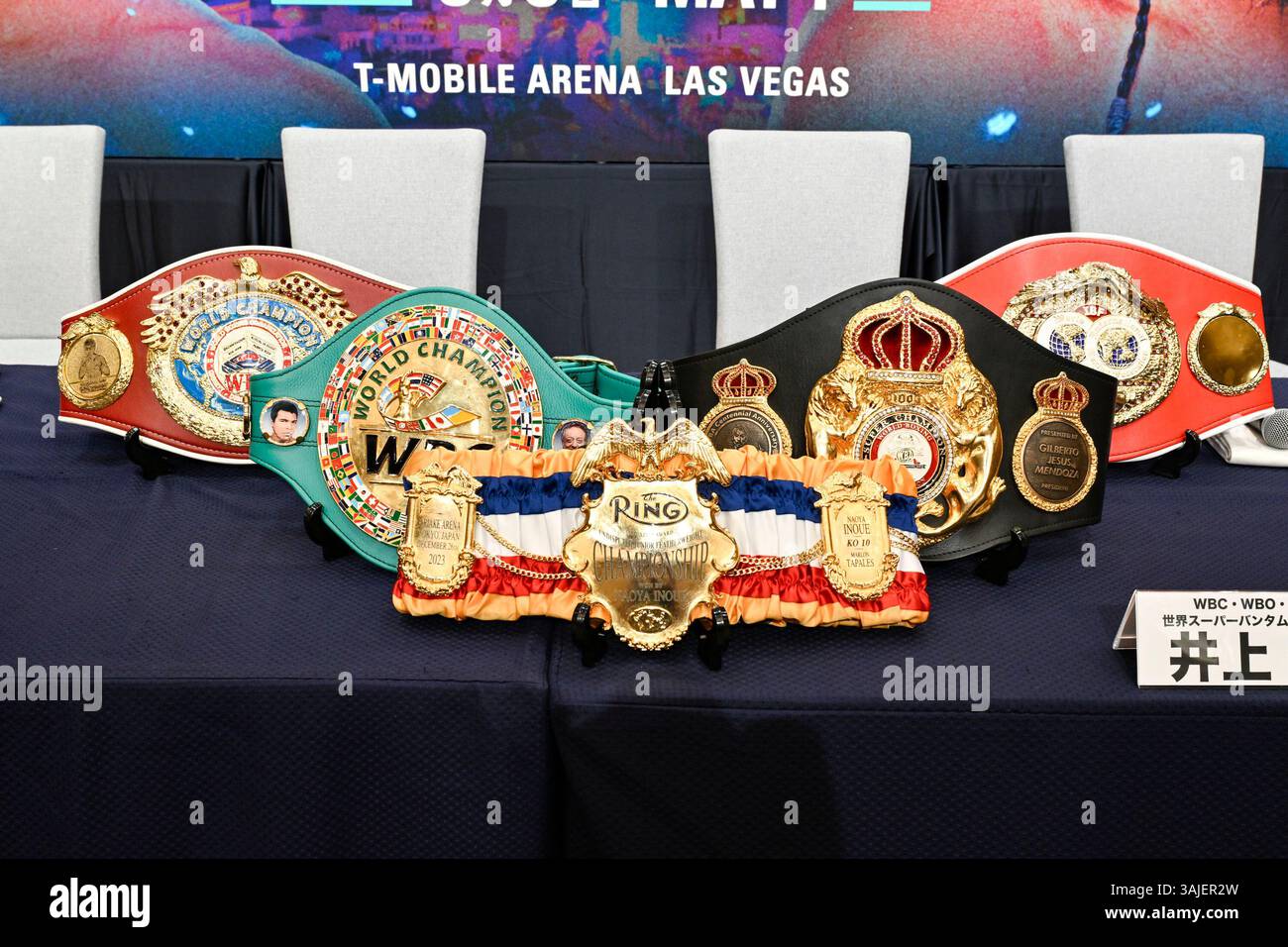 Naoya Inoue's championship belts are seen during a press conference at ...