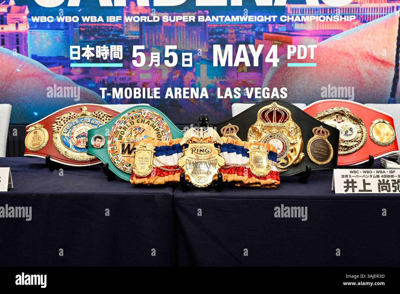 Naoya Inoue's championship belts are seen during a press conference at ...