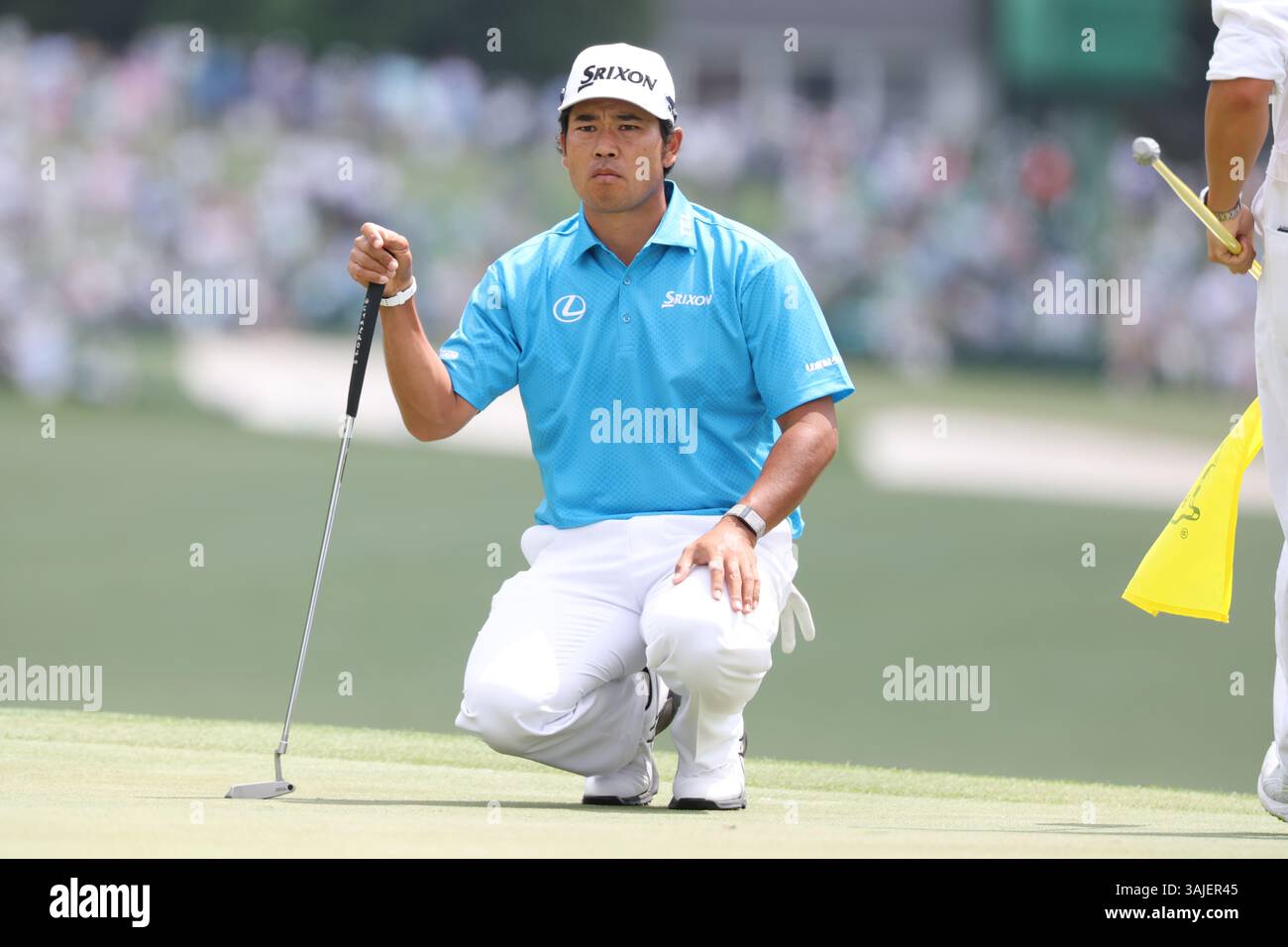 Japan's Hideki Matsuyama during the day 1 of the 2025 Masters golf tournament at the Augusta ...