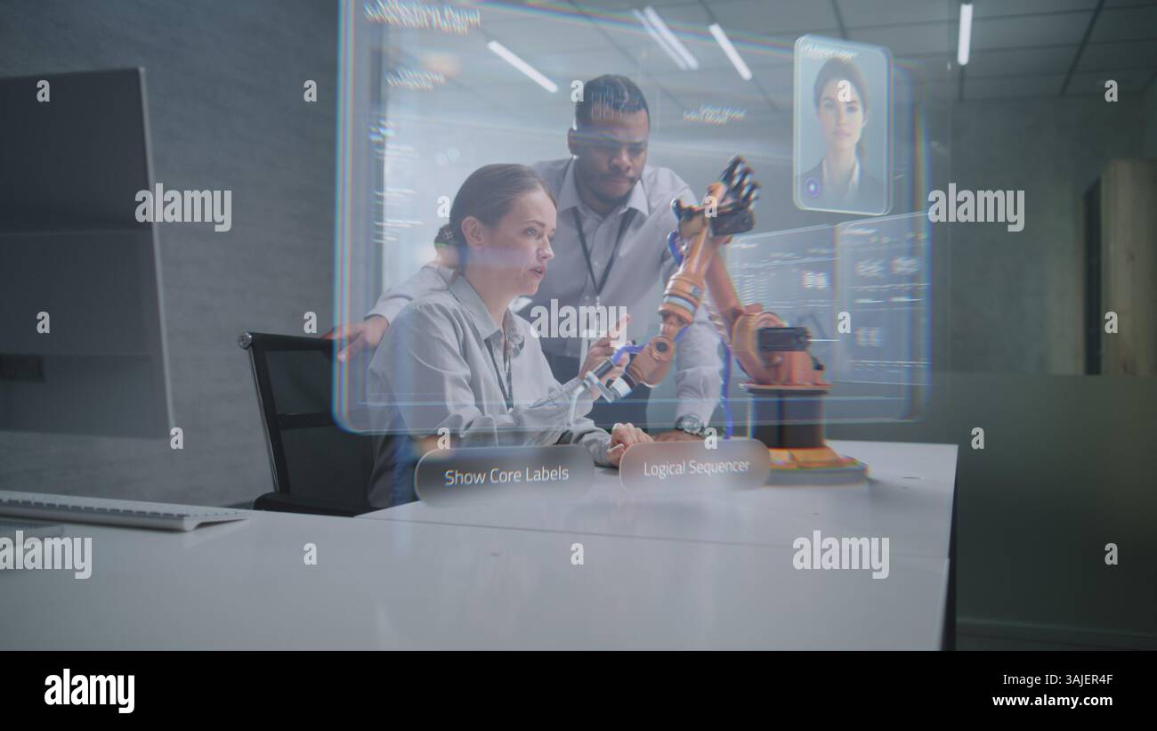 Futuristic Office: Two Diverse Engineers Working on Advanced Robotic ...