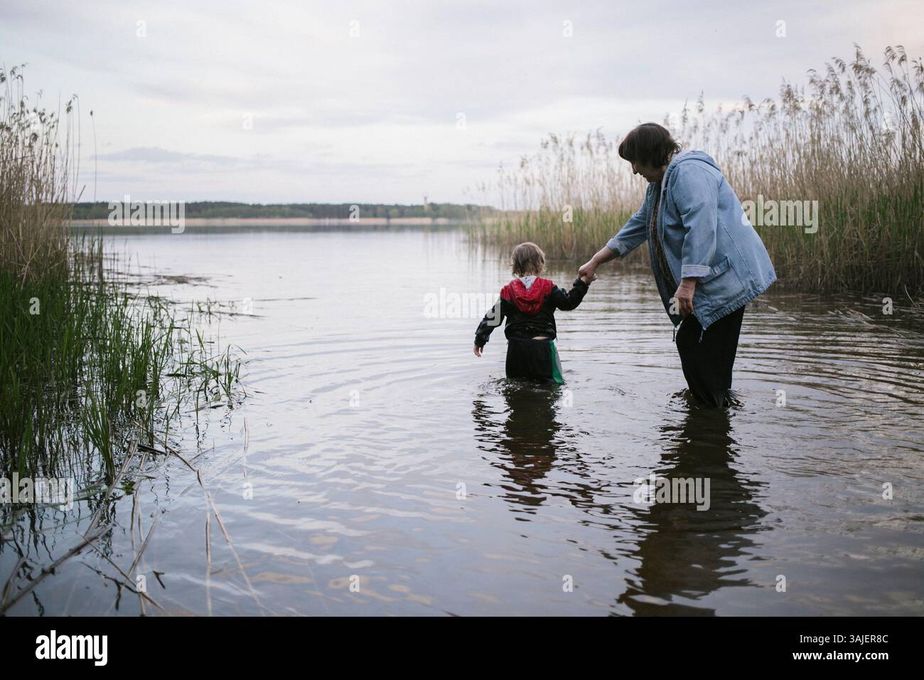 Grandmother and child wading in lake together on a cloudy day Stock ...