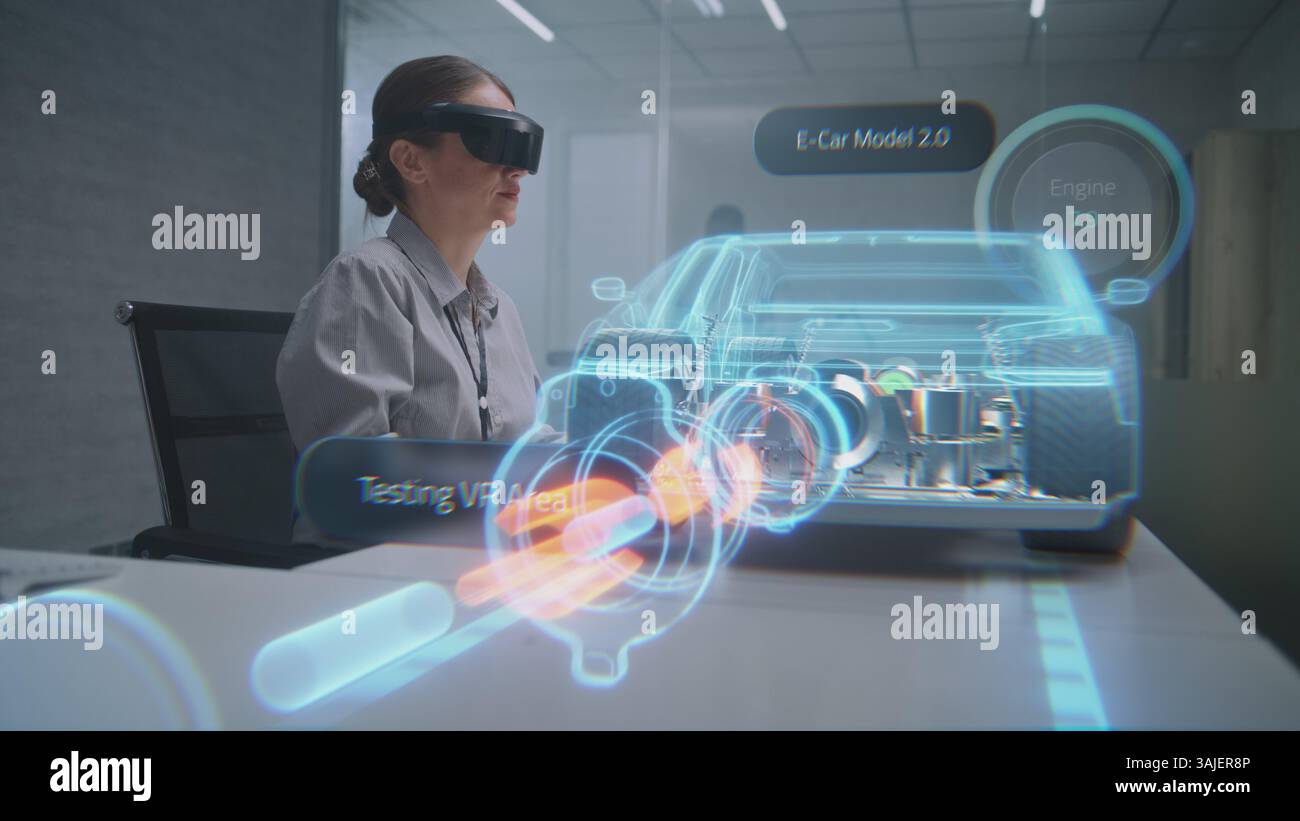 Female Automotive Engineer Wearing Headset Uses Augmented Reality ...
