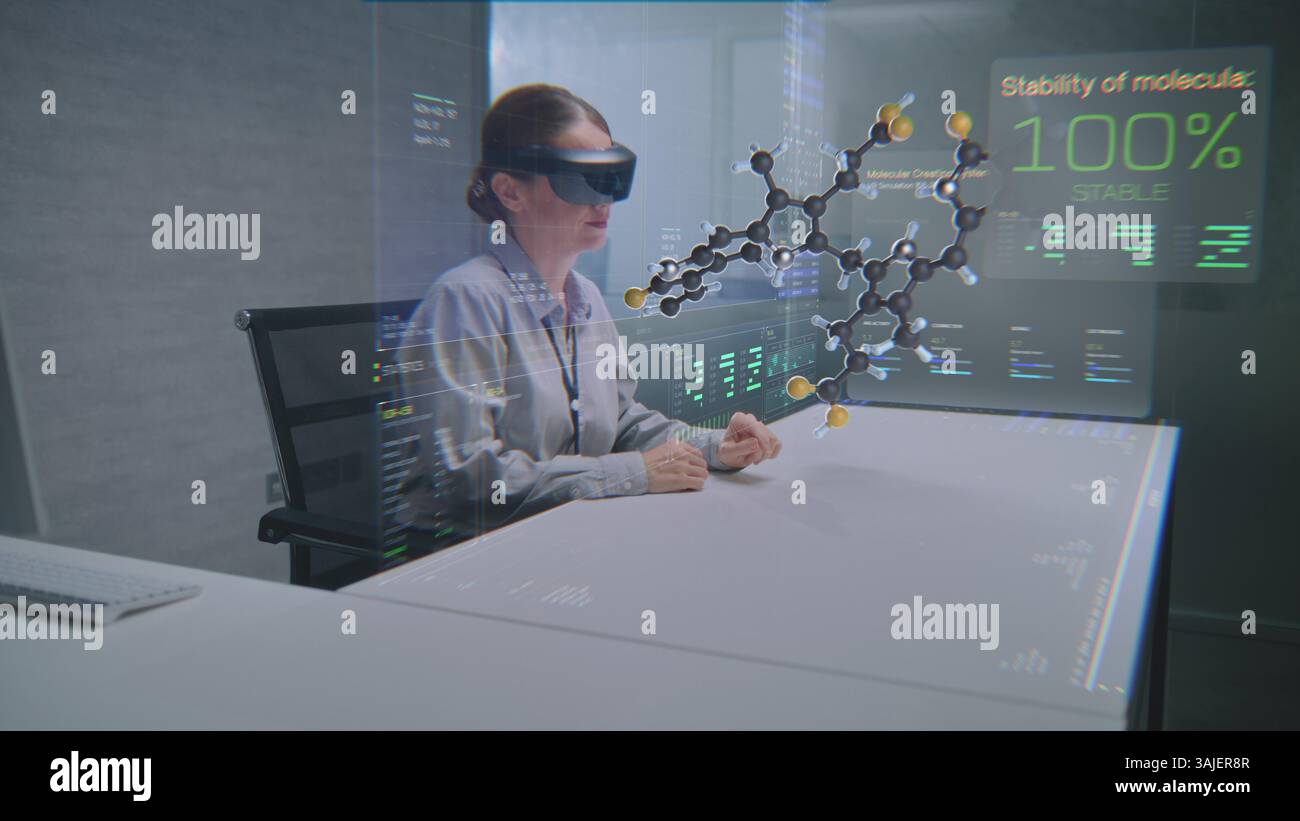 Female Professional Uses Augmented Reality Headset to Visualize 3D Hologram of Molecular ...