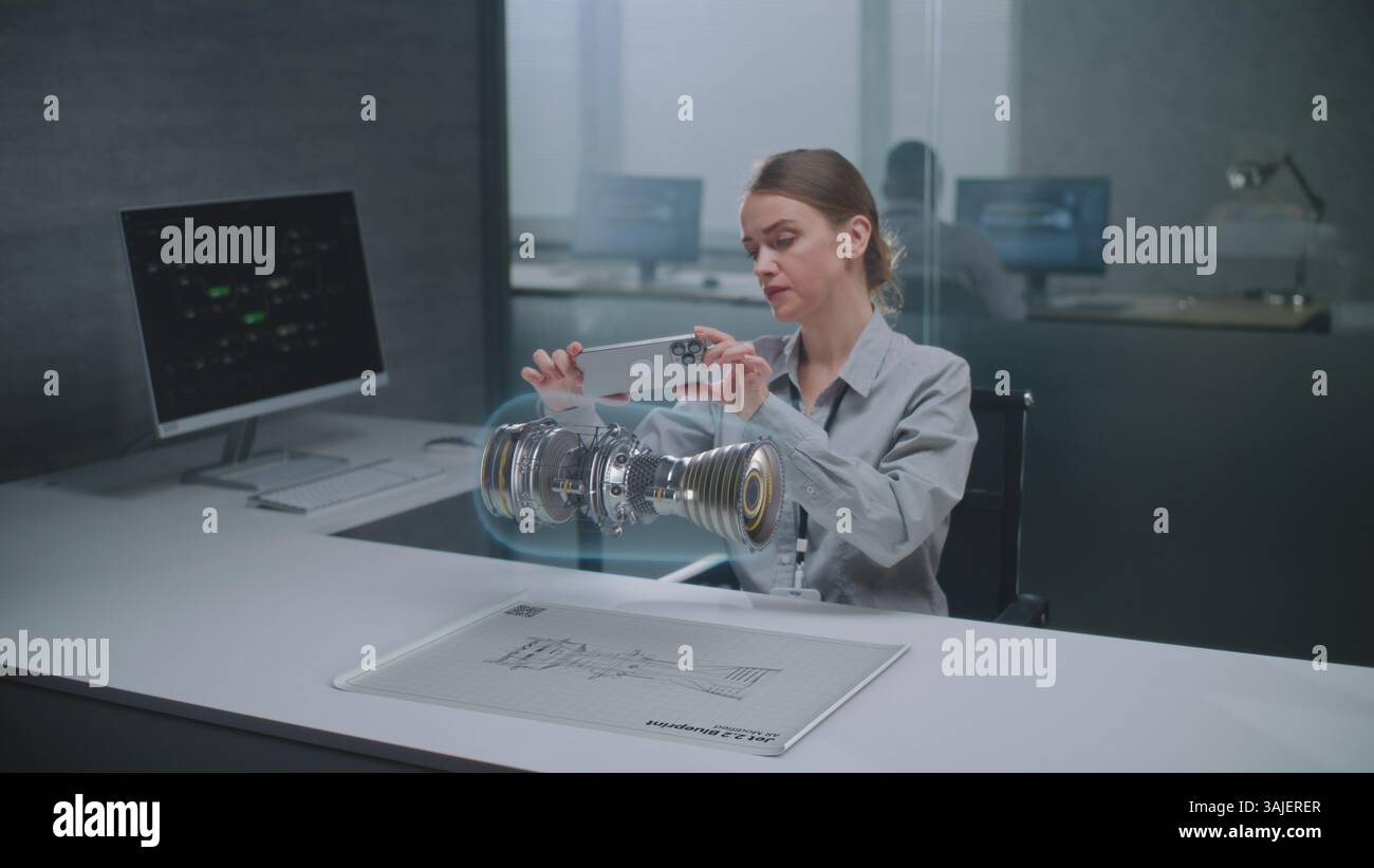 Female Engineer Uses Smartphone to Visualize 3D Holographic Model of ...