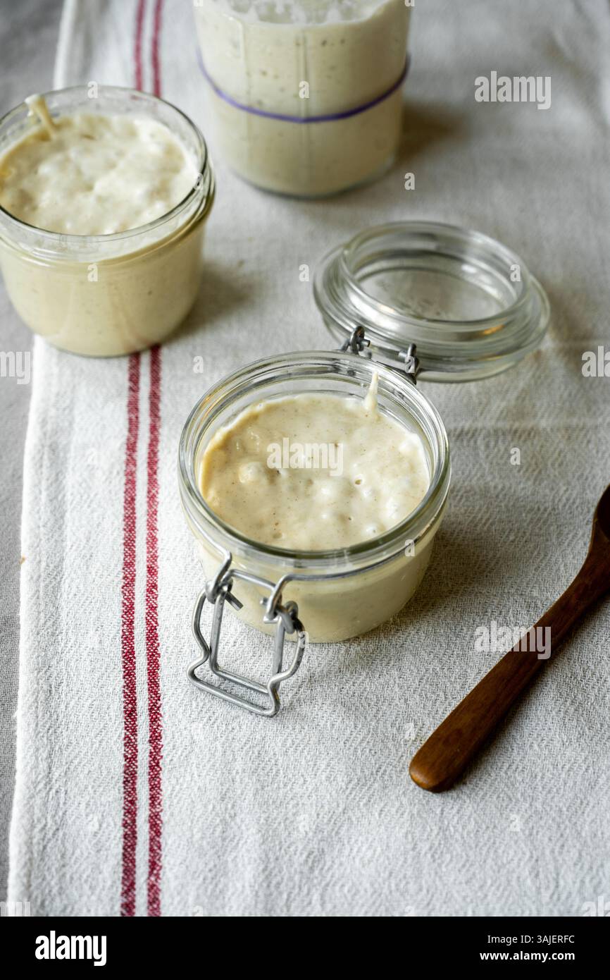 Sourdough starter in jars, baking sourdough bread Stock Photo - Alamy