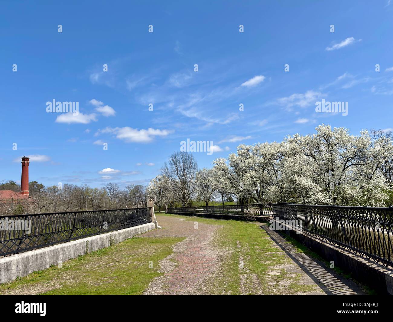 Brick path over bridge lined with blooming trees and iron railing Stock ...