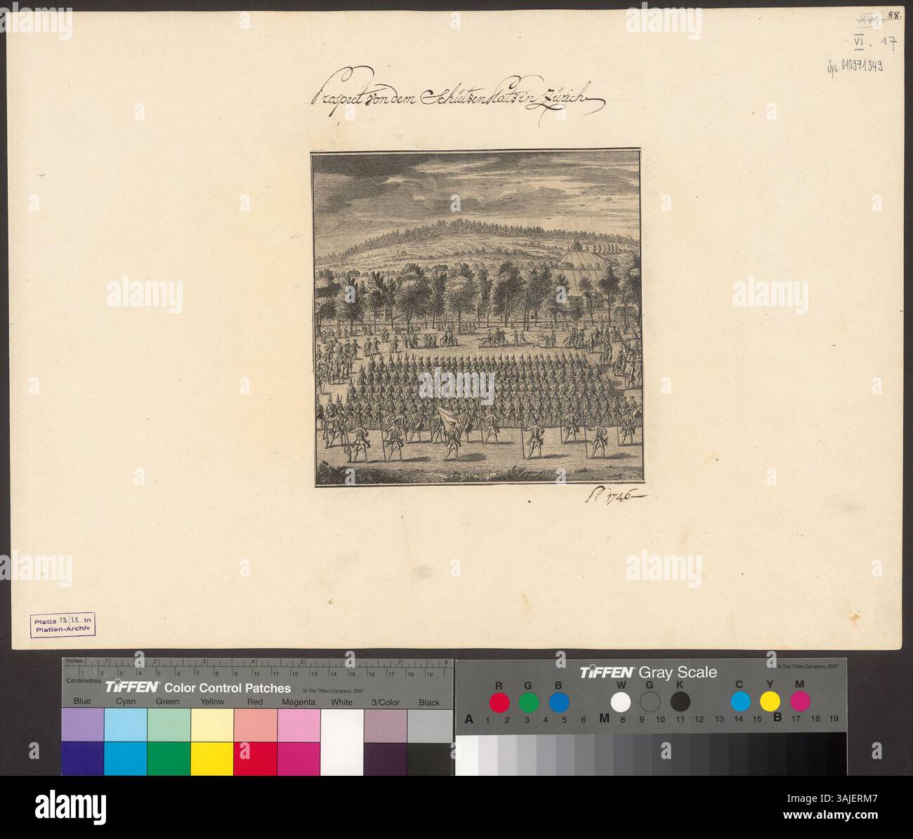 The print depicts a military parade in Zurich in 1746, showing new ...