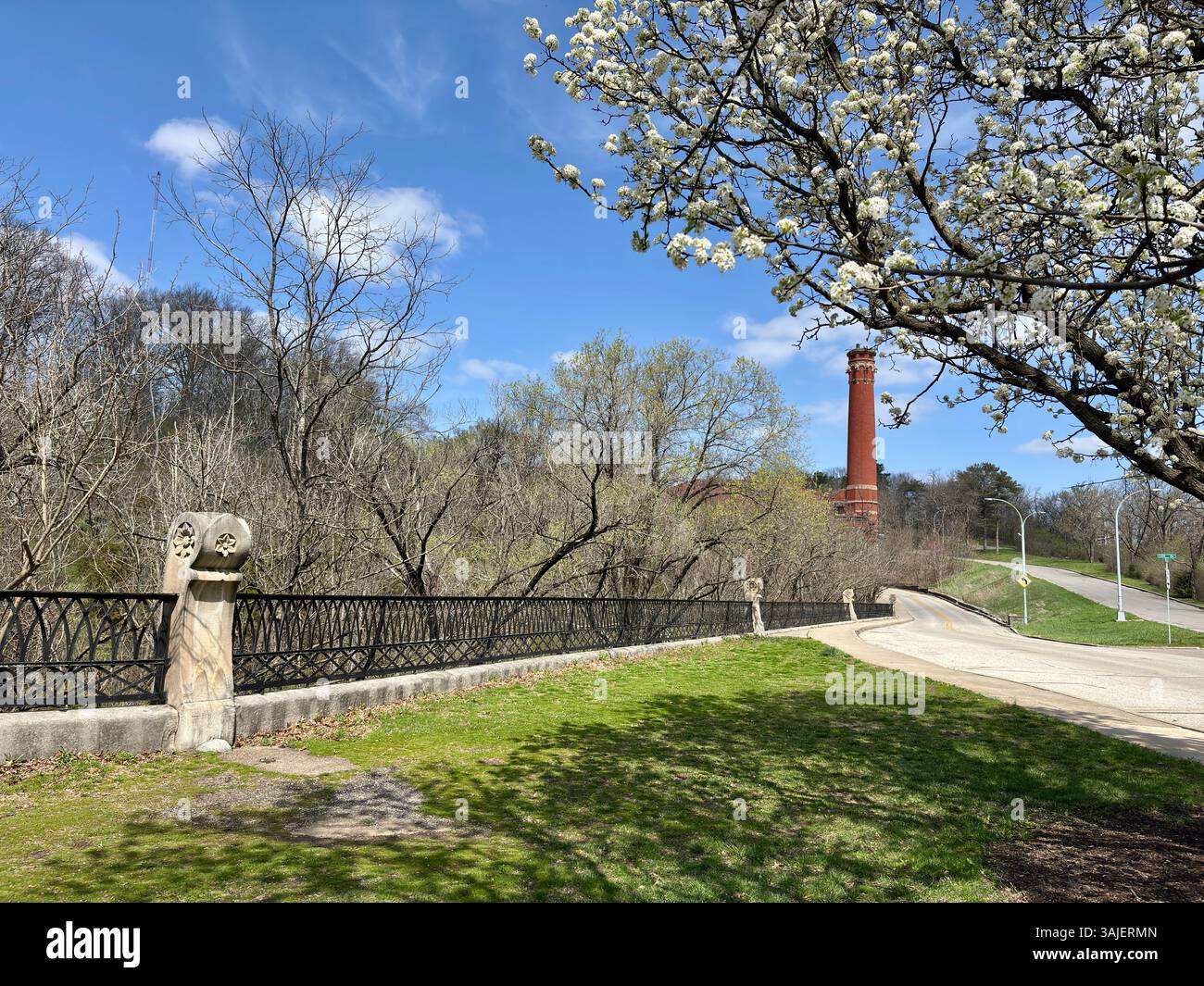 Red brick tower with blooming tree in Eden Park, Cincinnati Stock Photo ...
