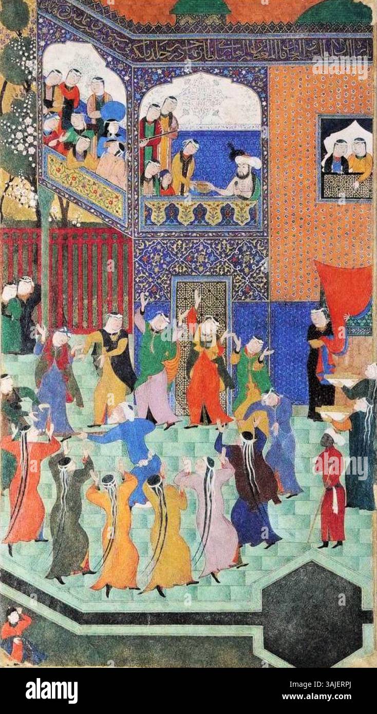 This painting, attributed to Shah-Mozaffar, depicts the harem of Sultan ...