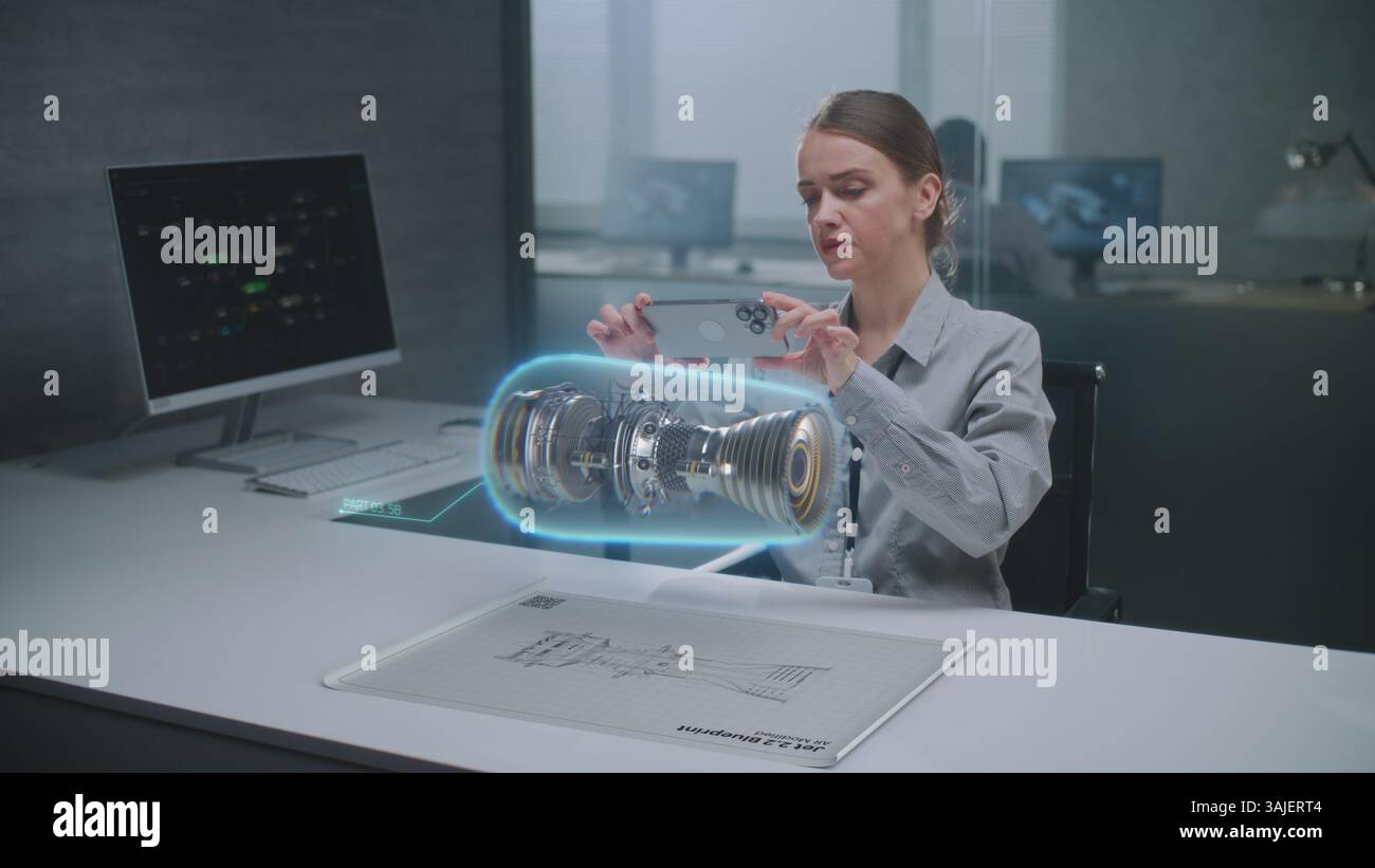 Female Engineer Uses Smartphone to Visualize 3D Holographic Model of Renewable Energy Engine in ...
