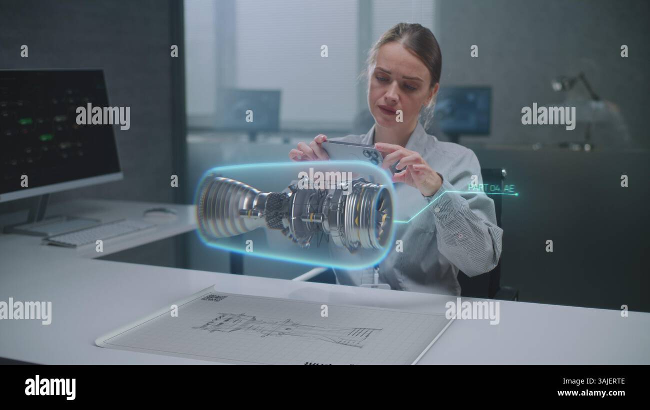 Female Engineer Uses Smartphone to Visualize 3D Holographic Model of Renewable Energy Engine in ...