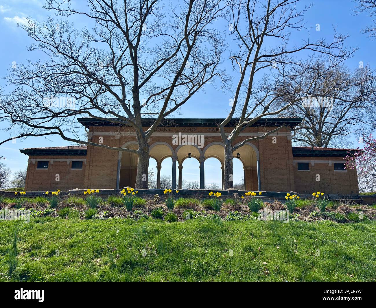 Mount Echo Park pavilion behind daffodils and trees on spring day Stock ...