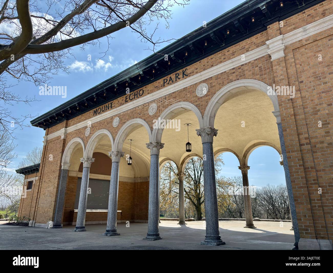 Mount Echo Park pavilion with arched facade under bright spring sky ...