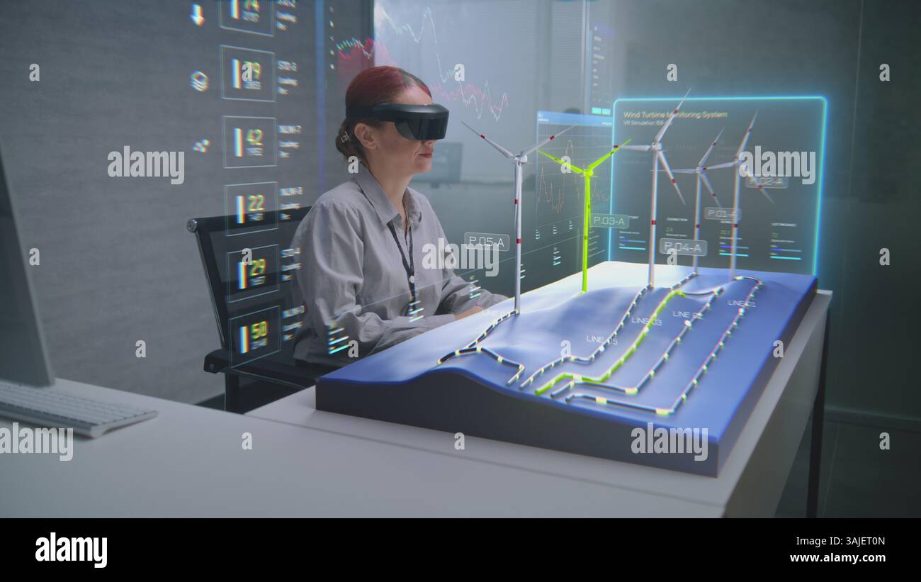 Advanced Office: Female Professional Wearing VR Headset Uses Augmented Reality 3D Hologram to ...