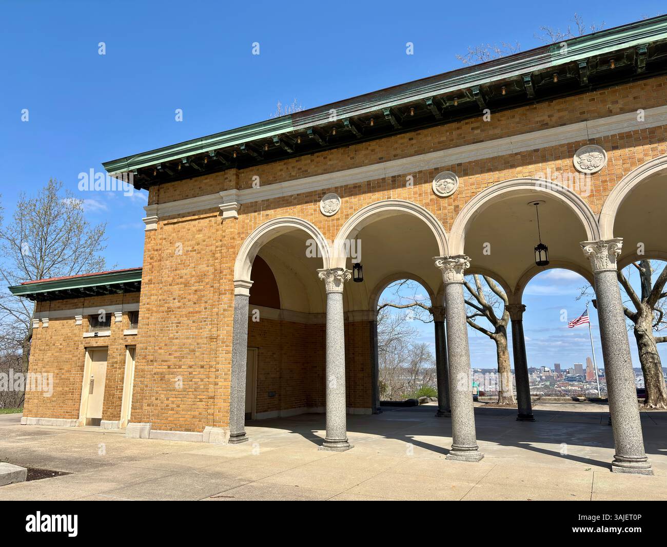 Brick pavilion with arched columns overlooking Cincinnati skyline Stock ...
