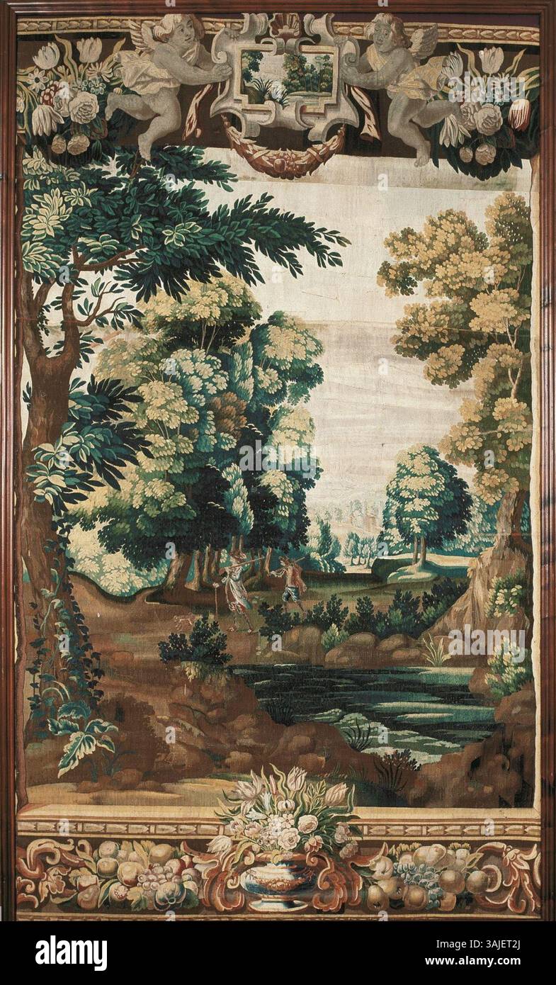 This early 17th-century tapestry, titled *Pokrajina z lovcema*, depicts ...