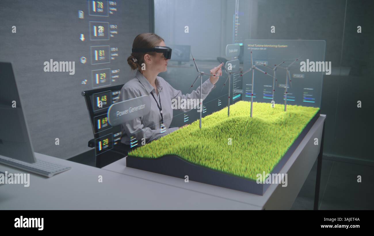 Futuristic Office: Female Engineer Uses Augmented Reality Headset to Visualize 3D Holographic ...