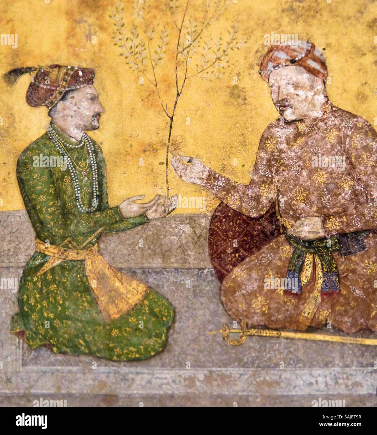 This detailed portrait from the Late Shah Jahan Album depicts Emperor Shah Jahan with his ...