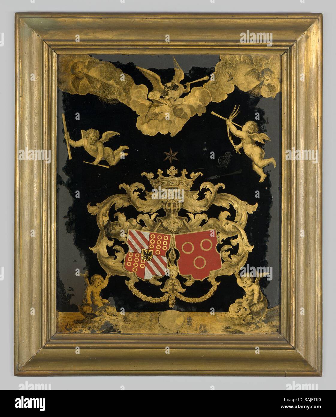 Reverse glass painting with the arms of the Van Spaen and Van Riebeeck ...
